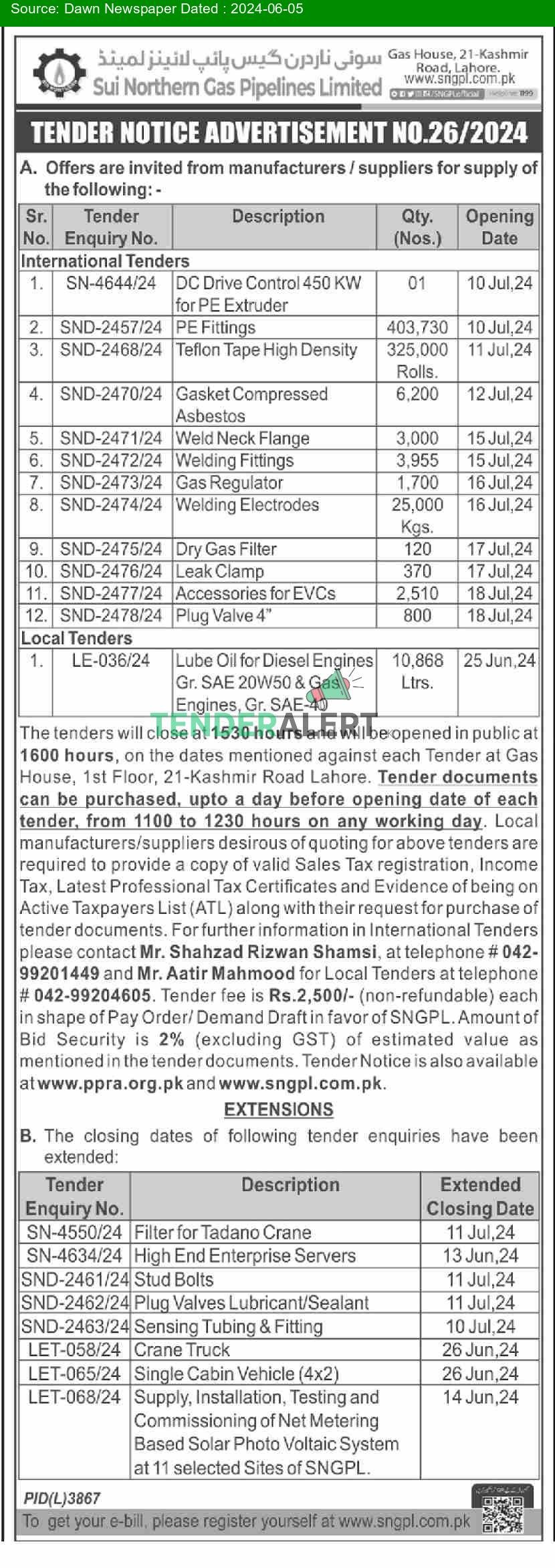 Sui Northern Gas Pipelines Limited Lahore Tender Advertisement in Dawn ...