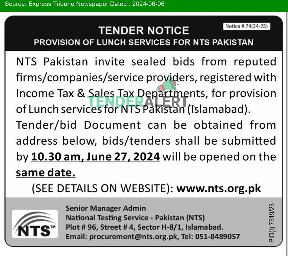 Nts Islamabad Tender Invitation in Express Tribune Newspaper of Pakistan
