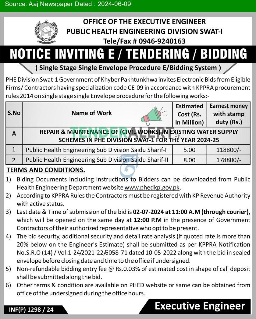 Public Health Engineering Division Swat Tender Notice in Aaj Newspaper ...