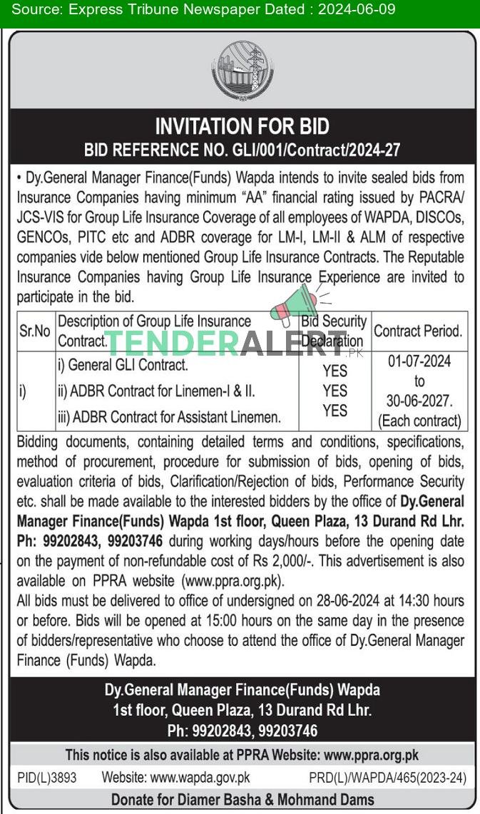 Wapda Lahore Tender Notice in Express Tribune Newspaper of Pakistan