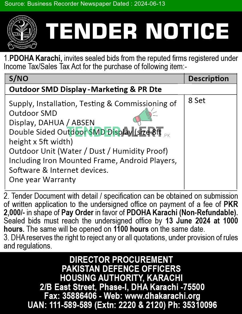 Dha Karachi Tender Notice in Business Recorder Newspaper of Pakistan