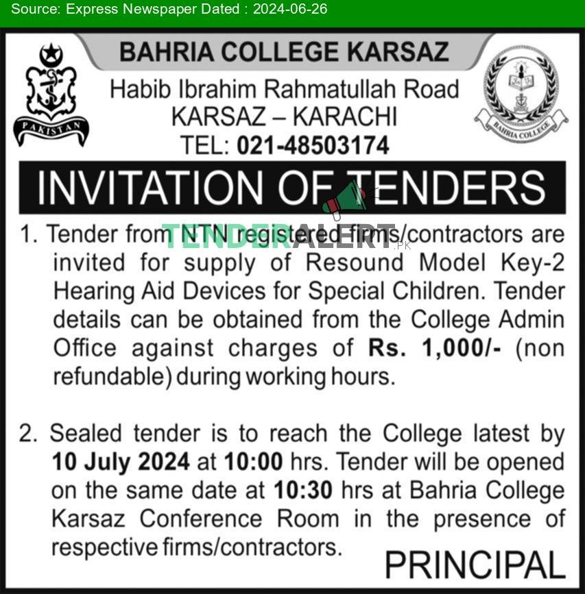 Bahria College Karsaz Tender Notice in Express Newspaper of Pakistan Bahria College Karsaz Tender Notice in Express Newspaper of Pakistan