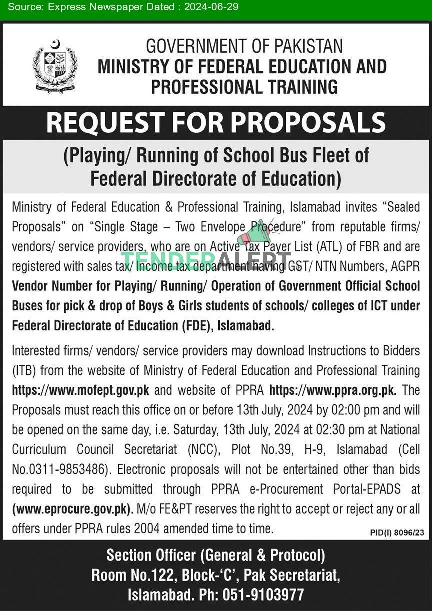 Ministry of Federal Education & Professional Training Islamabad Tender ...