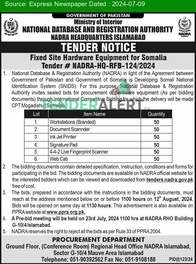 Nadra Islamabad Tender Notice 2024 in Express Newspaper of Pakistan
