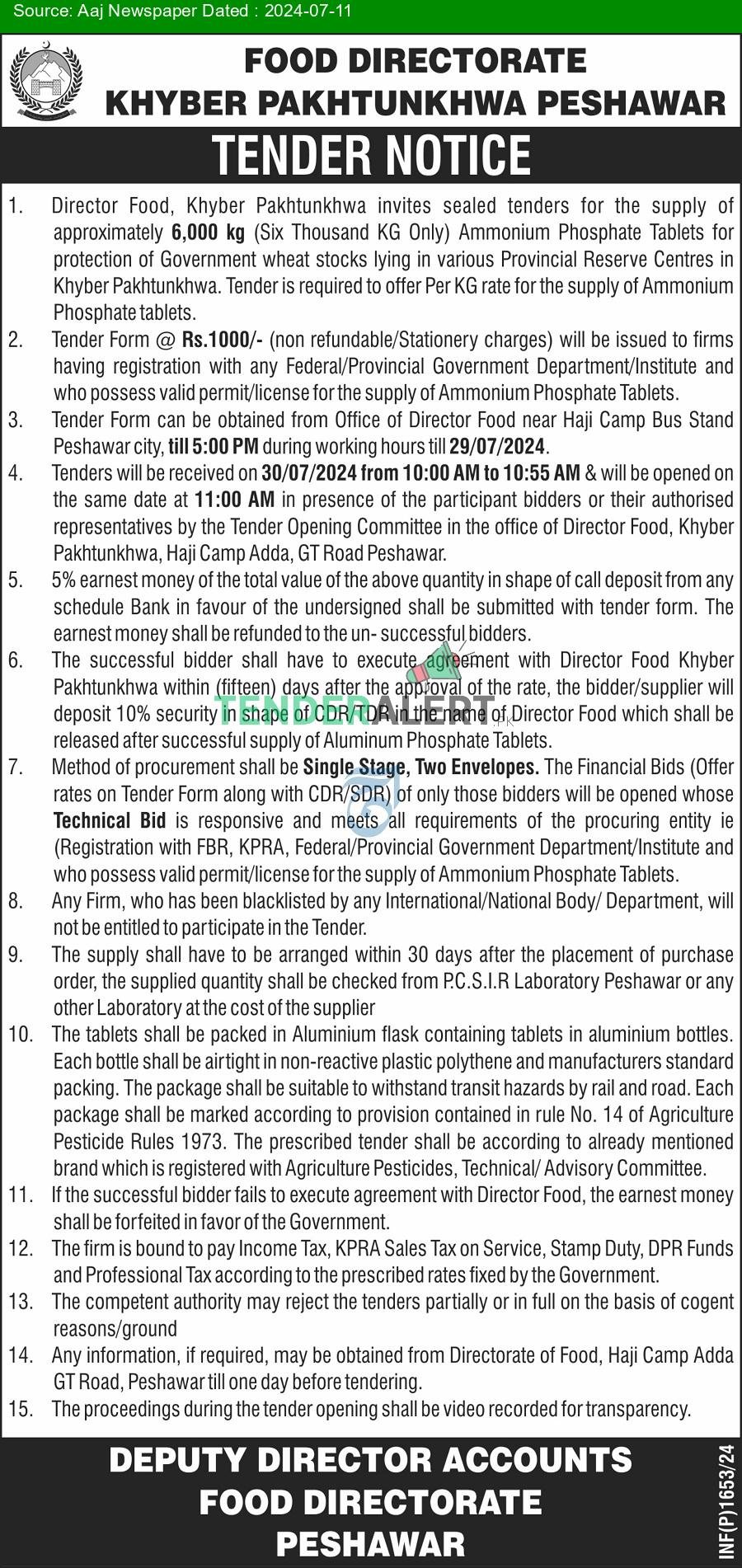 Food Department Peshawar Tender Notice in Aaj Newspaper of Pakistan