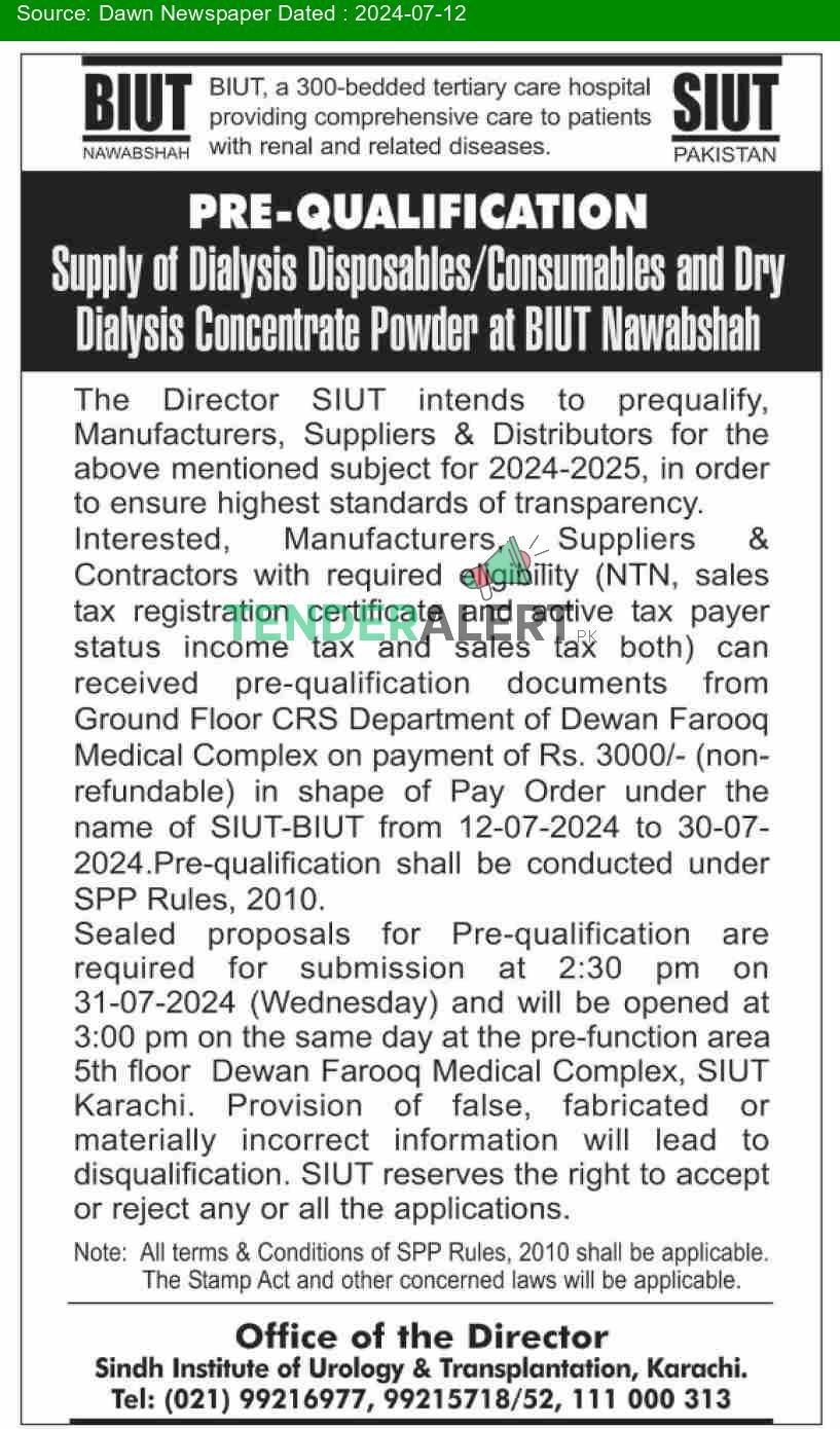Siut Pakistan Karachi Tender PreQualification in Dawn Newspaper of Pakistan