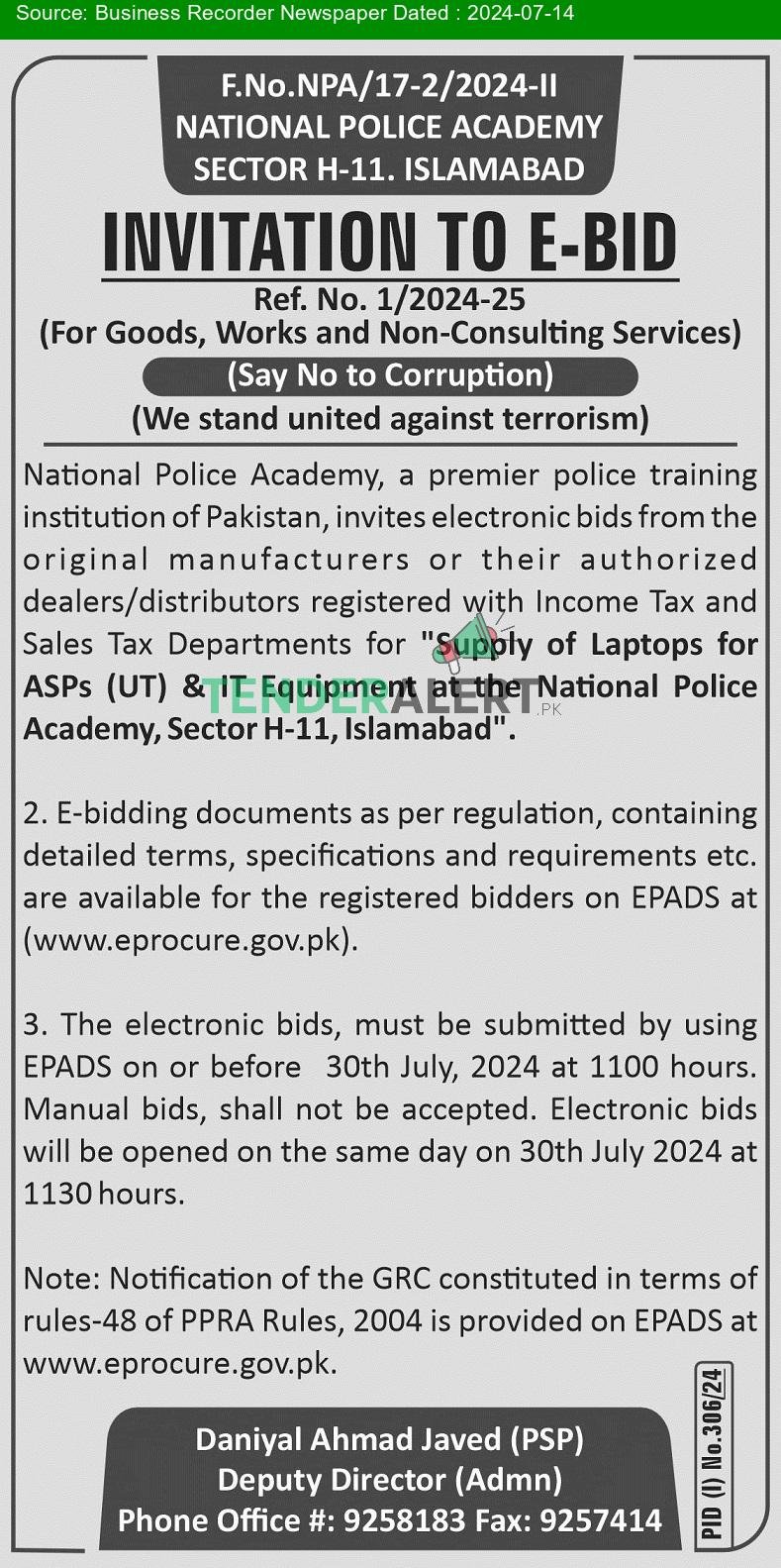 National Police Academy Islamabad Tender Notice in Business Recorder ... National Police Academy Islamabad Tender Notice in Business Recorder ...