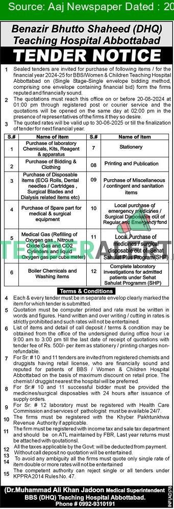 Benazir Bhutto Shaheed Dhq Teaching Hospital Abbottabad Tender Notice ... Benazir Bhutto Shaheed Dhq Teaching Hospital Abbottabad Tender Notice ...
