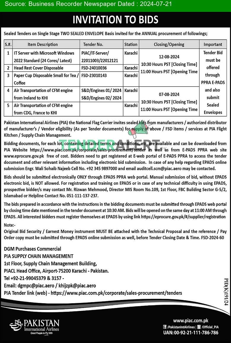 PIA Karachi Tender Invitation to Bids in Business Recorder Newspaper of ...