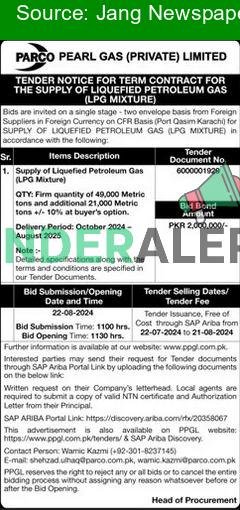 Parco Karachi Tender Notice 2024 in Jang Newspaper of Pakistan