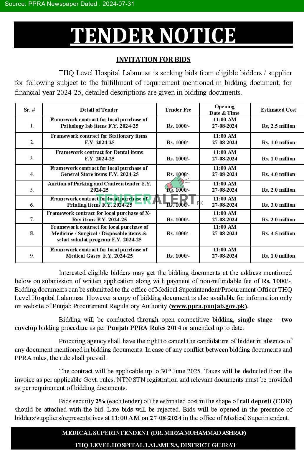 Thq Level Hospital Lalamusa Tender Notice in PPRA Newspaper of Pakistan Thq Level Hospital Lalamusa Tender Notice in PPRA Newspaper of Pakistan