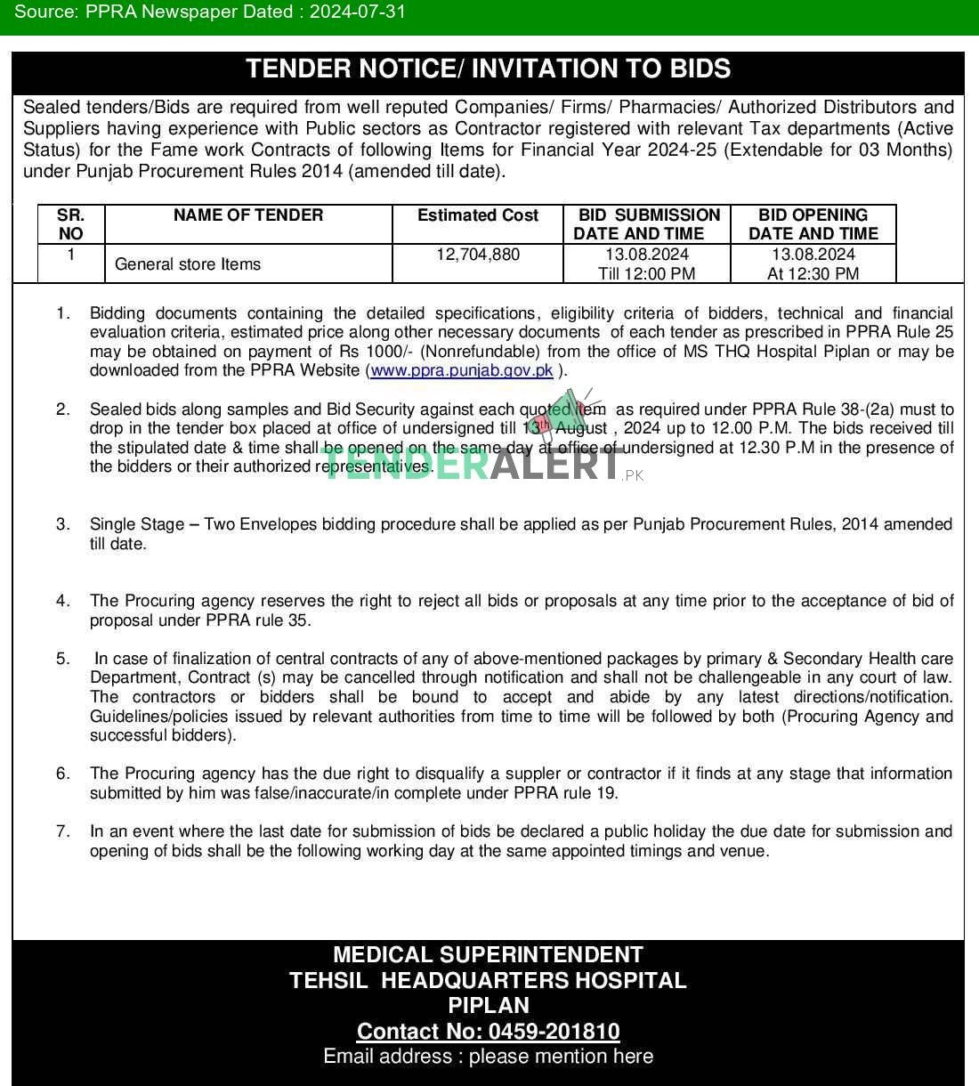 Thq Hospital Piplan Tender Notice in PPRA Newspaper of Pakistan Thq Hospital Piplan Tender Notice in PPRA Newspaper of Pakistan